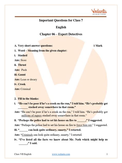 Important Questions For Cbse Class 7 English Honeycomb Chapter 6 Expert Detectives Pdf