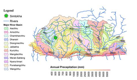 Map Of Bhutan Showing Major River Basins And The Annual Precipitation