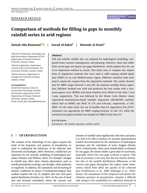 Pdf Comparison Of Methods For Filling In Gaps In Monthly Rainfall Series In Arid Regions