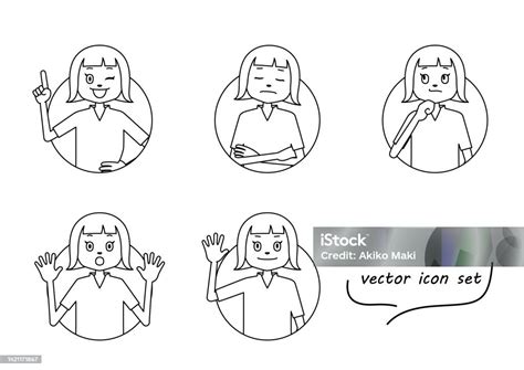 Bobcut Girl Icon Illustration Set Stock Illustration Download Image