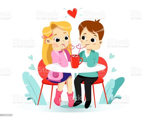 마시멜로와 함께 코코아를 마시는 행복 만화 유치원 소년과 소녀 아이들을 미소 어린이 만화 캐릭터입니다 플랫 스타일 벡터 일러스트레이션 2명에 대한 스톡 벡터 아트 및 기타