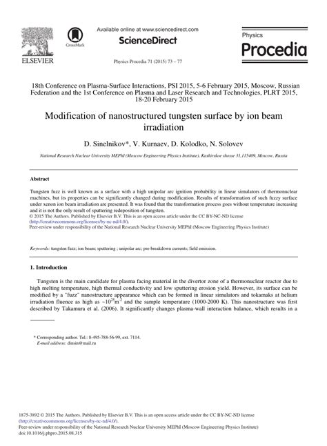 Pdf Modification Of Nanostructured Tungsten Surface By Ion Beam Irradiation