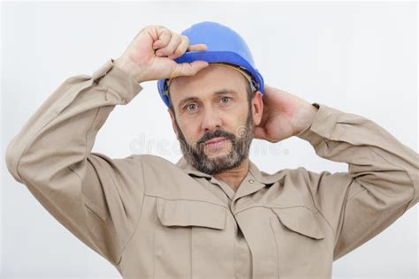 Builder Putting Hard Hat Stock Image Image Of Length