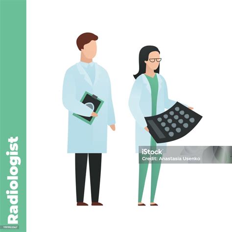 유행 플랫 의료 캐릭터 벡터 플랫 일러스트 레이션입니다 흰색 배경에 고립 된 남성과 여성 의사 팀의 집합 코트 유니폼 엑스레이 사진 및 스키 그램 방사선과 X 레이에 대한