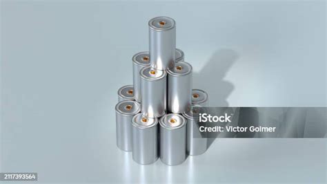 새로운 리튬 이온 배터리 4680 배터리 피라미드 고 에너지 원통형 축전지 건식 전극 사용 전기 자동차 용 전력 및 에너지 첨단 기술 및 혁신 3d 렌더링 음극에 대한 스톡