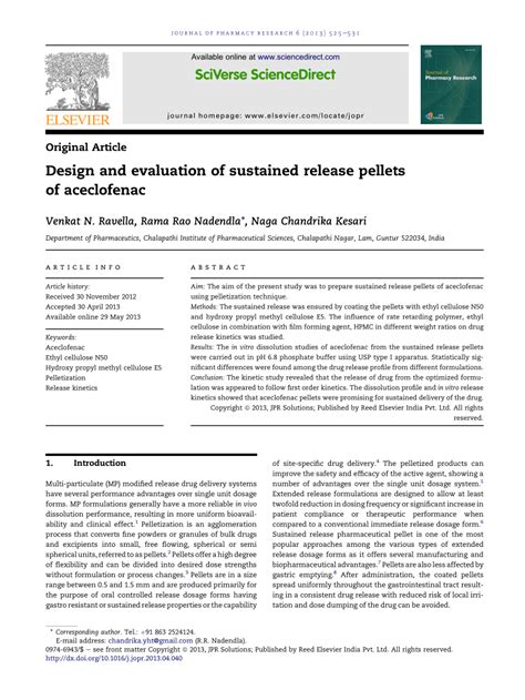 Pdf Design And Evaluation Of Sustained Release Pellets Of Aceclofenac
