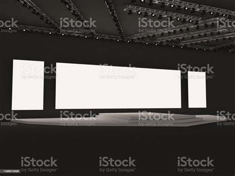 Event 빈 스테이지 투시도입니다 프로젝션을 위한 직사각형 스크린이 있습니다 천장 스포트라이트 시스템 및 홀의 플랫폼 요소 빈 화면입니다 Led 야간 조명 스테이징 3d