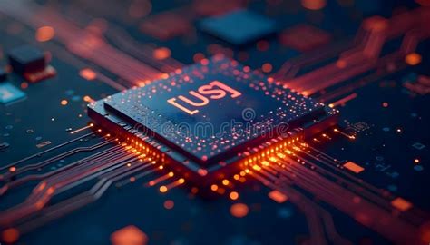 Usa Microchip Depicted On A Dark Backdrop With Intricate Red And Blue Circuitry Stock