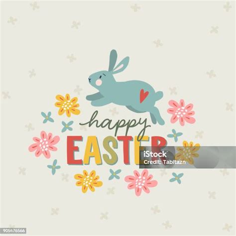 행복 한 부활절 인사 카드 초대장 손으로 그린 토끼 또는 토끼 화려한 꽃 장식 텍스트 실행 평면 디자인입니다 벡터 일러스트 레이 션 배경 4월에 대한 스톡 벡터 아트 및