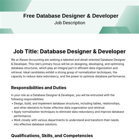 free database design job description template to edit online
