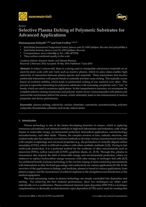 Pdf Selective Plasma Etching Of Polymeric Substrates For €¦ · The