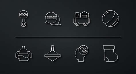 세트 라인 딸랑이 아기 장난감 아기 젖병 비치 볼 더미 젖꼭지 소용돌이 말풍선 엄마 양말 옷 및 장난감 기차 아이콘 벡터 검은색에 대한 스톡 벡터 아트 및 기타 이미지