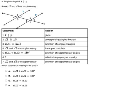 In The Given Diagram 𝐤 P Prove ∠ 2 And ∠ 5 Are Supplementary Statement Reason 1 Kp Given 2