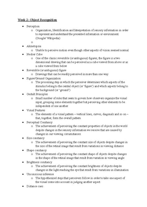 Cognitive Psych Defintions Week 2 Object Recognition Perception O