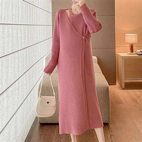 Badu Bg Плетени рокли за бременни Есенни зимни дрехи за бременни жени Модни рокли с лодка с