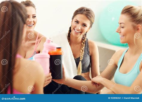 Young Women Group Resting At The Gym After Workout Stock Image Image