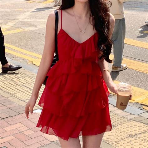 정가하다 레드 원피스 나시 미니 빨강 여름 프릴 캉캉 쉬폰 볼륨 러블리 여행 바다 휴양지 파티 드레스 포인트