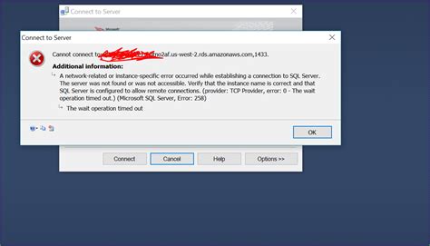 Amazon Web Services Unable To Connect Sql Server To Aws Rds Error 258 Stack Overflow