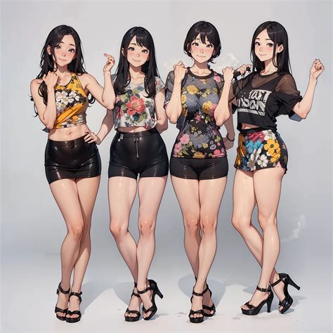 짧은 반바지와 하이힐을 신고 사진을 찍기 위해 포즈를 취하는 세 명의 여성 Seaart Ai
