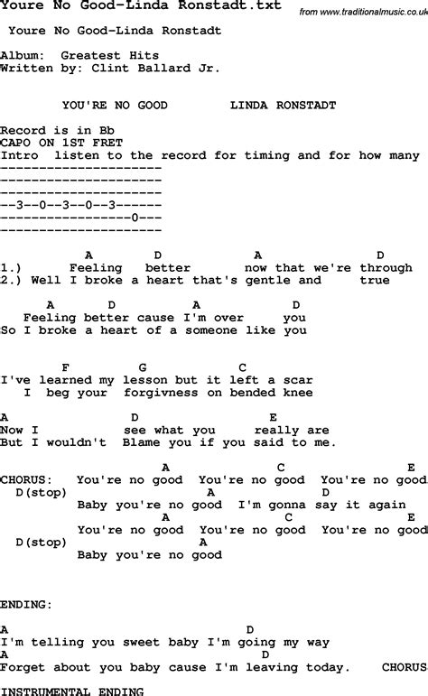Jazz Song Youre No Good Linda Ronstadt With Chords Tabs And Lyrics