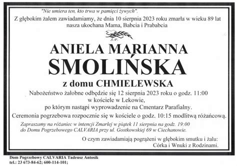 Śp Aniela Marianna Smolińska Nekrolog