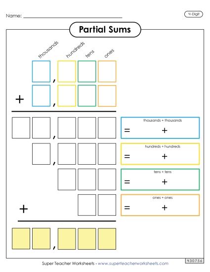 partial sums outline example 4 digit numbers printable addition sum