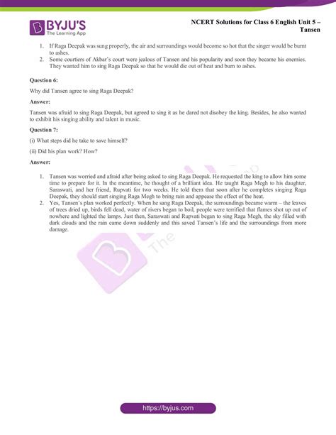 Ncert Solutions For Class 6 English Unit 5 Tansen Free Solutions Pdf Inside