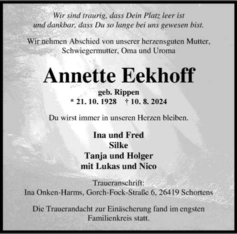 Traueranzeigen Von Annette Eekhoff Nordwest Trauer De