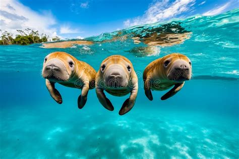 Three Manatees Swimming In The Ocean With Their Heads Above The Water