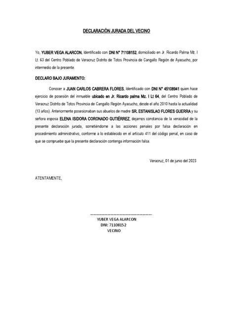 DeclaraciÓn Jurada Del Vecino Terreno Pdf