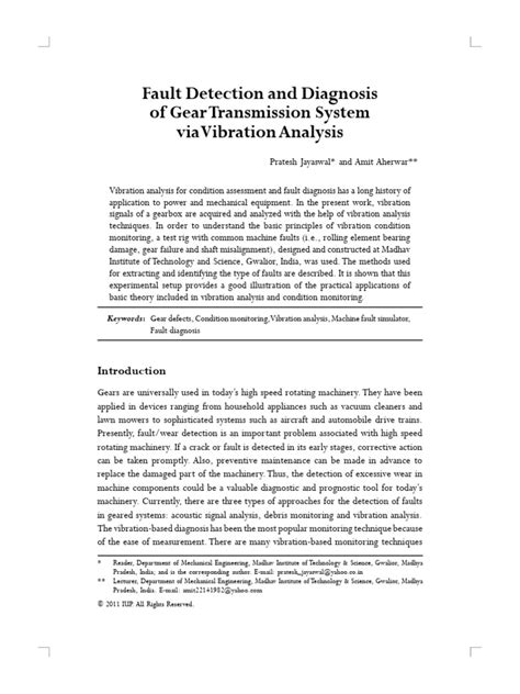 fault detection and diagnosis of gear transmission system via vibration