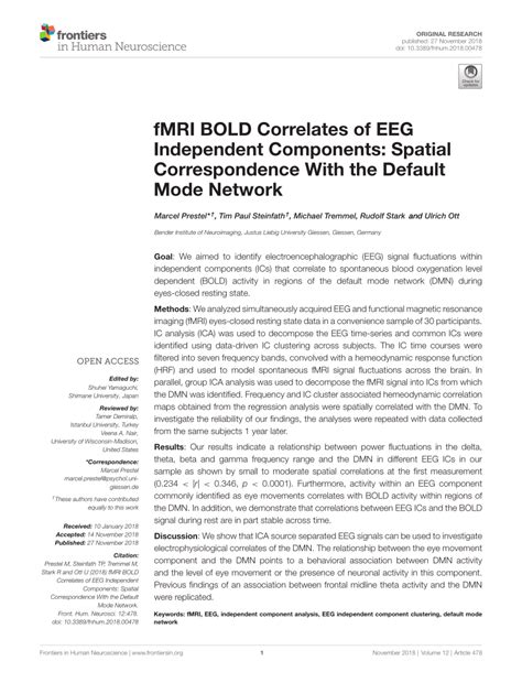 Pdf Fmri Bold Correlates Of Eeg Independent Components Spatial Correspondence With The