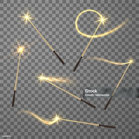 마술 지팡이 기적 성능 황금 별 동화 마법 막대 세트 현실적인 벡터 일러스트 레이 션 마술 지팡이에 대한 스톡 벡터 아트 및