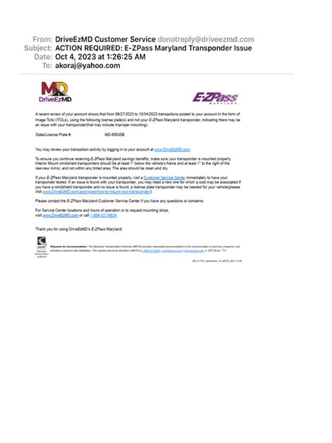 Action Required E Zpass Maryland Transponder Issue Pdf