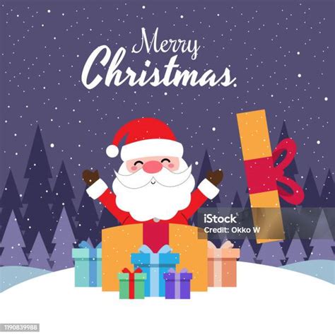 큰 선물 상자에 미소와 재미있는 얼굴귀여운 가와이이 손으로 그린 산타 클로스와 메리 크리스마스 만화 벡터 문자 그림 플랫 디자인