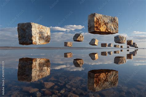 Floating Stone Blocks Surreal Landscape Reflection Art Design Abstract