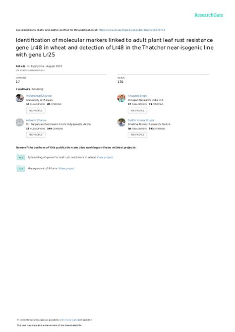 Pdf Identification Of Molecular Markers Linked To The Yr15 Stripe Rust Resistance Gene Of