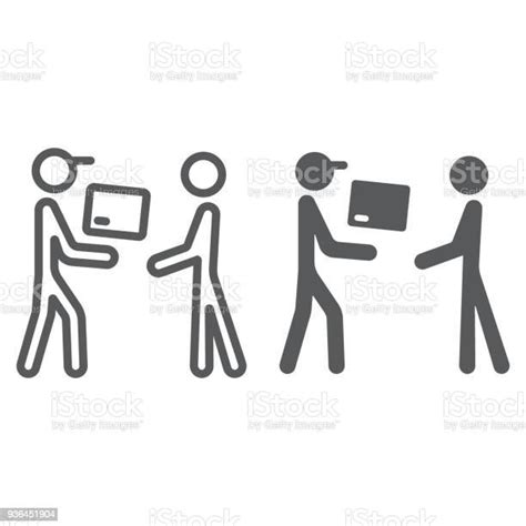 배달 사람 선 및 문자 모양 아이콘 전자 상거래와 마케팅 골 판지 기호를 주는 벡터 그래픽 흰색 배경 Eps 10에 선형 패턴 4 명에 대한 스톡 벡터 아트 및 기타 이미지