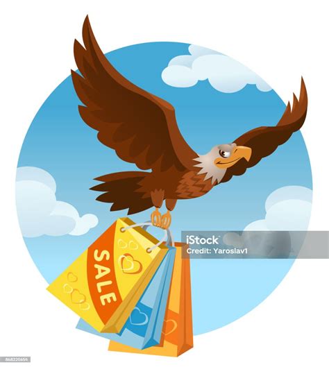 비행 아메리칸이 글 판매에서 쇼핑 가방을 운반합니다 만화 스타일된 벡터 일러스트 레이 션 가방에 대한 스톡 벡터 아트 및 기타