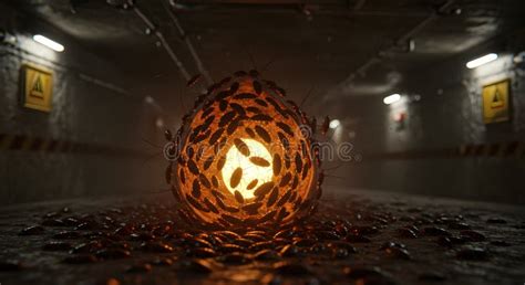 Cockroach Swarm Enveloping Glowing Orb In Dark Underground Tunnel Stock Illustration