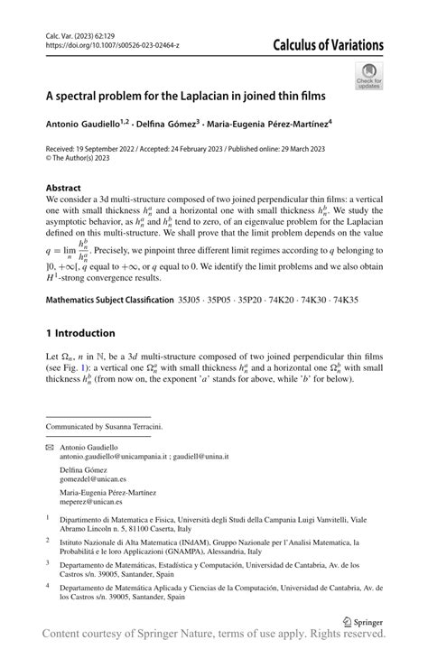 PDF A Spectral Problem For The Laplacian In Joined Thin Films