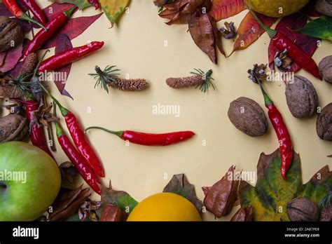 Bunch Of Colorful Leaves Pods Food And Nuts On Yellow Background Autumn Composition Still