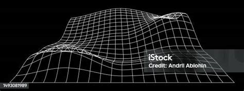 검은색 배경에 흰색 지형 와이어프레임 릴리프 메쉬 구조 그리드 원근 변형 왜곡 된 격자 표면 벡터 그래픽 그림 3차원 형태에 대한 스톡 벡터 아트 및 기타 이미지 Istock