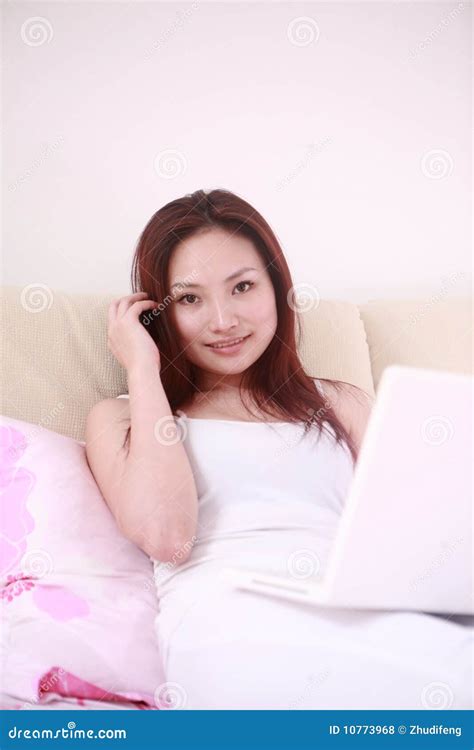 Woman Use Laptop On Bed Stock Photo Image Of Education