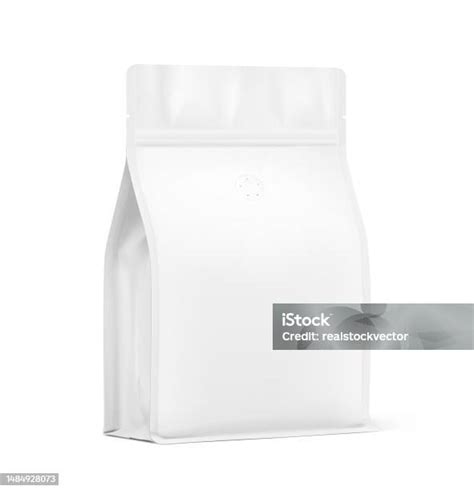 평평한 바닥 측면 거싯과 공기 밸브가 있는 흰색 스탠드업 파우치 백 사실적인 모형 배경 주제에 대한 스톡 벡터 아트 및 기타