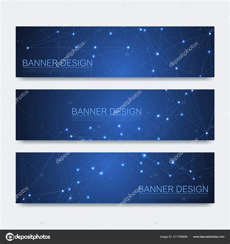 Abstract Molecules Banners Set With Lines Dots Circles Polygons Vector Design Network