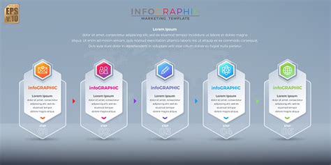 인포 그래픽 벡터 비즈니스 마케팅 디자인 육각형 아이콘 다채로운 템플릿 유리 투명도의 5 가지 옵션 마케팅 프로세스 워크플로