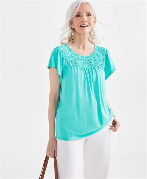 Style And Co Womens Short Sleeve Smocked Neck Knit Top Created For Macy