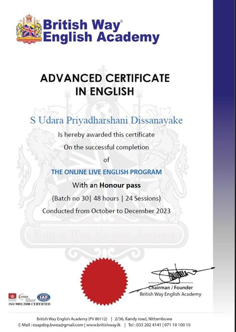 I Achive My British Way English Academy 6 Month Course Certificate At