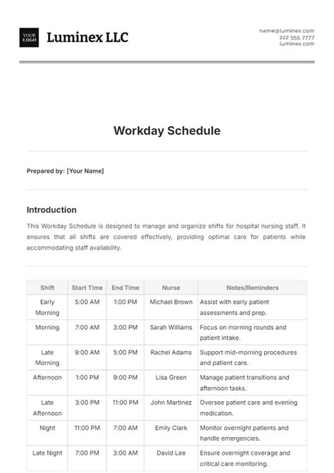 Free Workday Schedule Template To Edit Online
